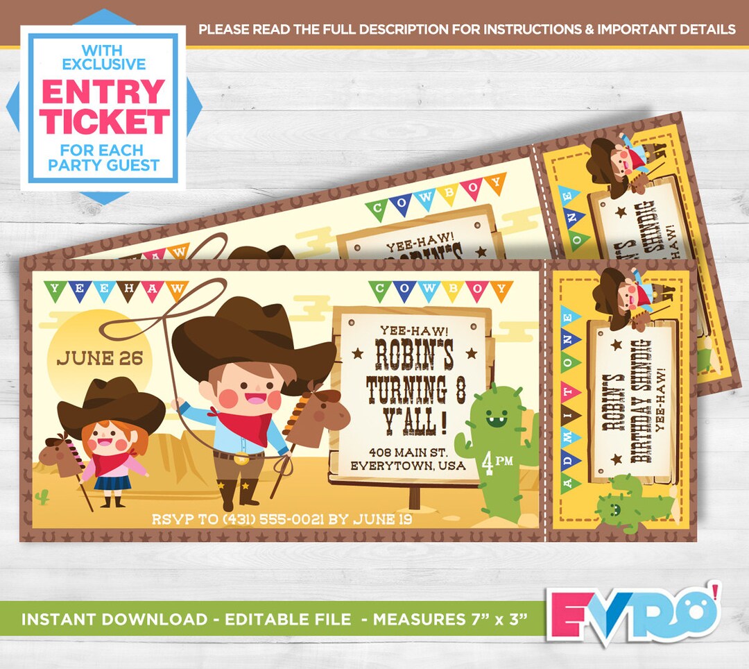 Cowboy Party.cowboy Invitation.kid's Party.rodeo Party.ticket ...