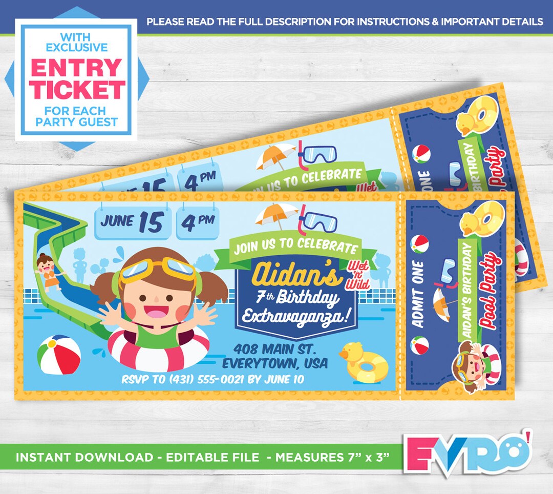 Pool Party.pool Invitation.water Party.pool Ticket.pool Birthday.girl's ...
