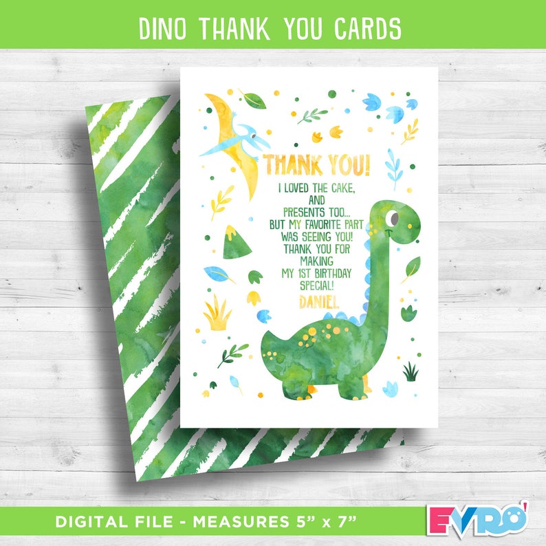 Thank You Cards Dinosaur, Dino Cards, Dinosaur Party, Watercolor, Dino ...