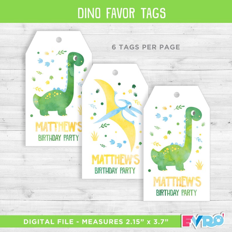 Favor Tags Dinosaur, Dino Tags, Dinosaur Party, Watercolor, Dino Favor ...