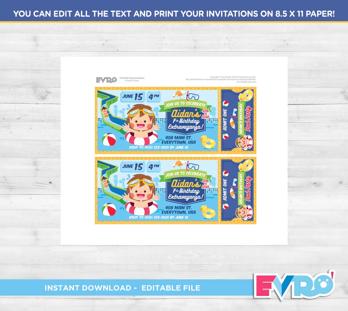 Pool Party.pool Invitation.water Party.pool Ticket.pool Birthday ...