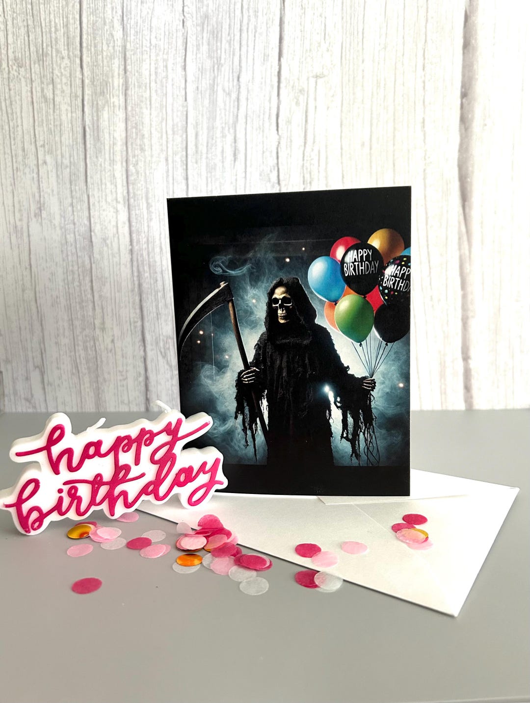 Grim Reaper Birthday Card: Humorous Scythe & Balloons Design - Etsy