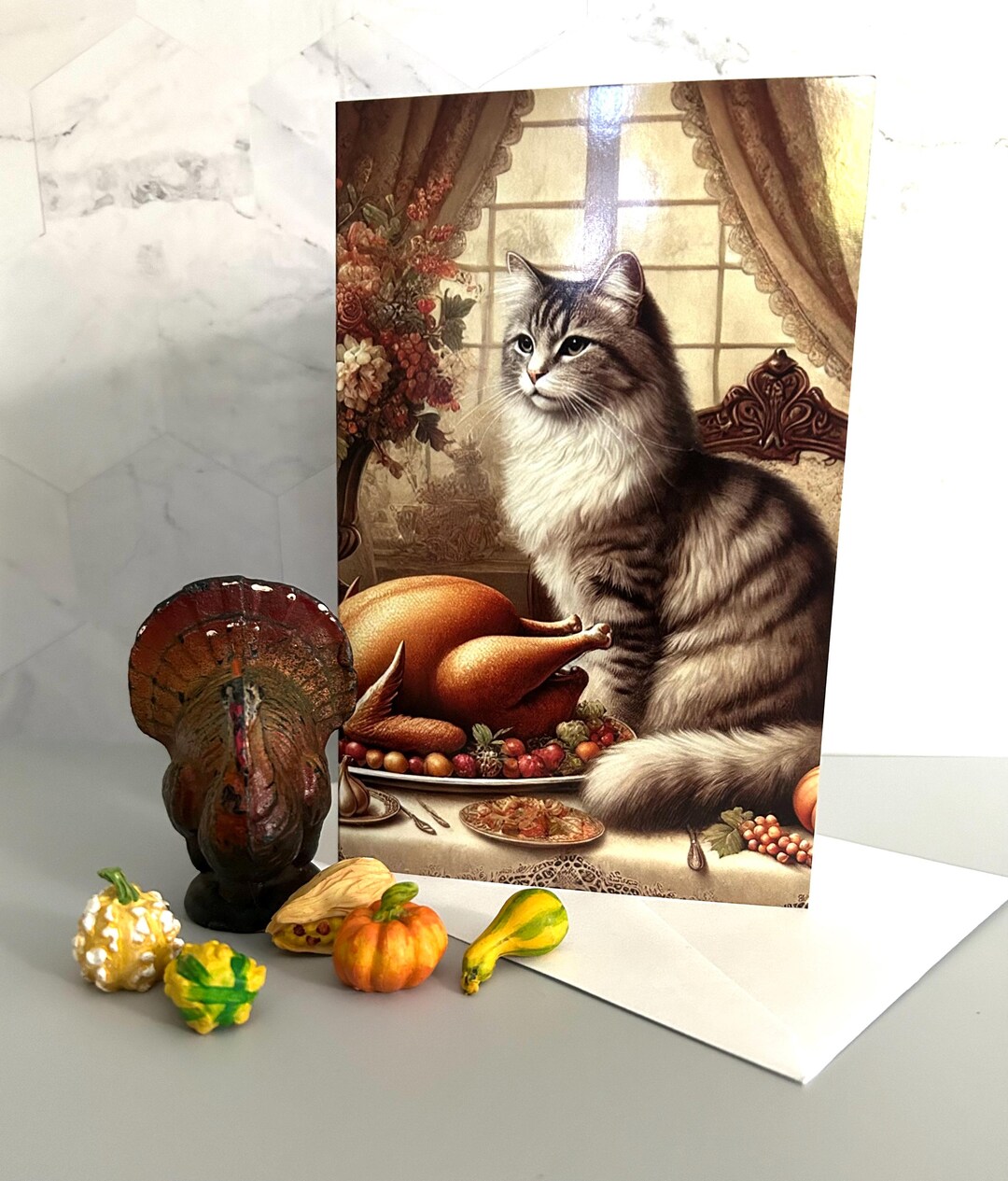 Fluffy Victorian Cat Thanksgiving Card Vintage Holiday Greetings, Cat ...