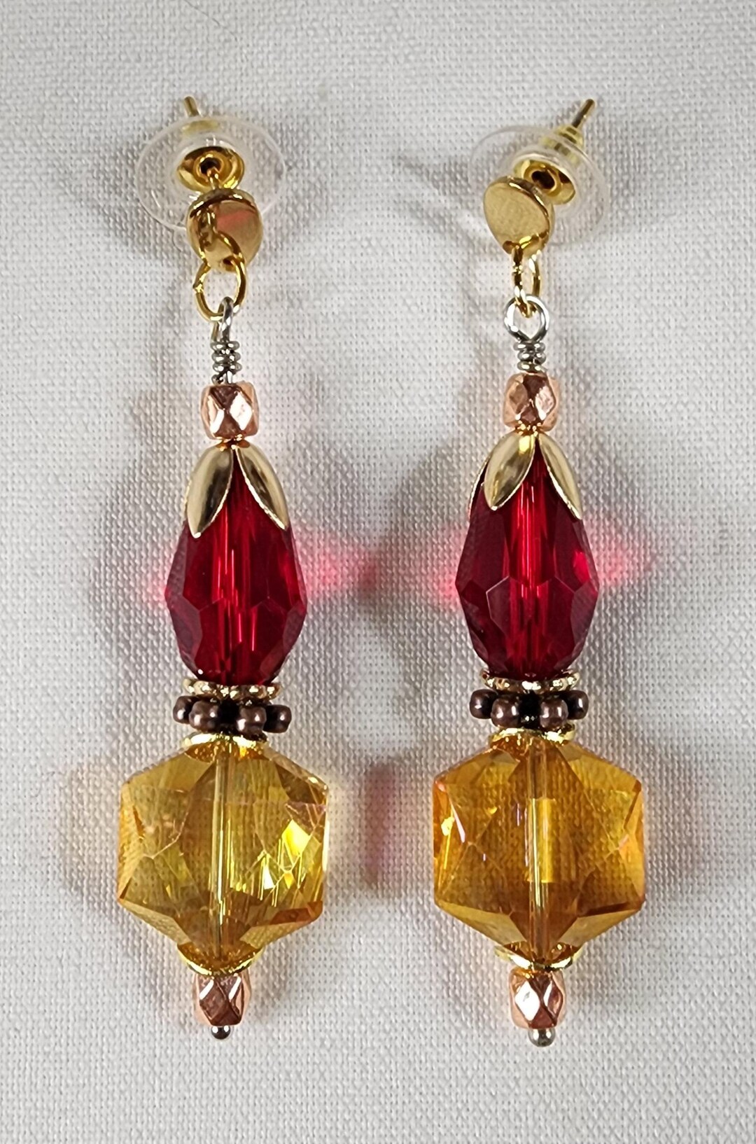 Elegant Red and Gold Crystal Drop Earrings - Etsy