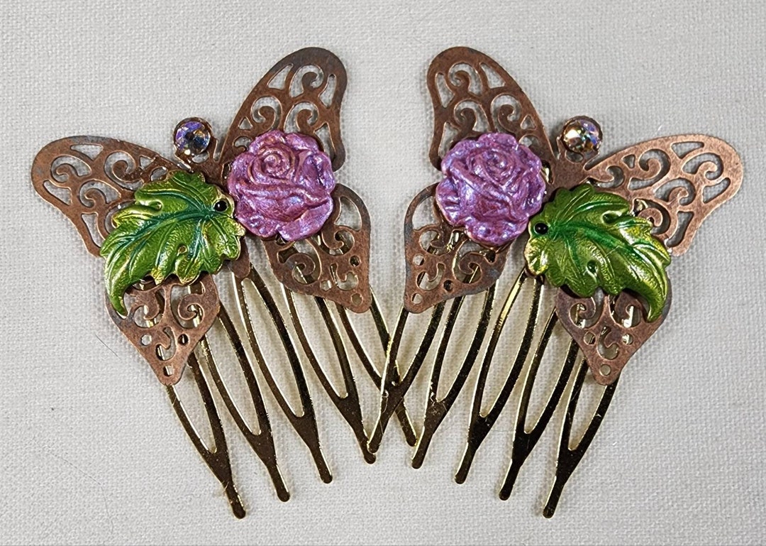Butterfly Roses Are a Pretty Set of Hair Combs With a Pink Rose Atop a ...