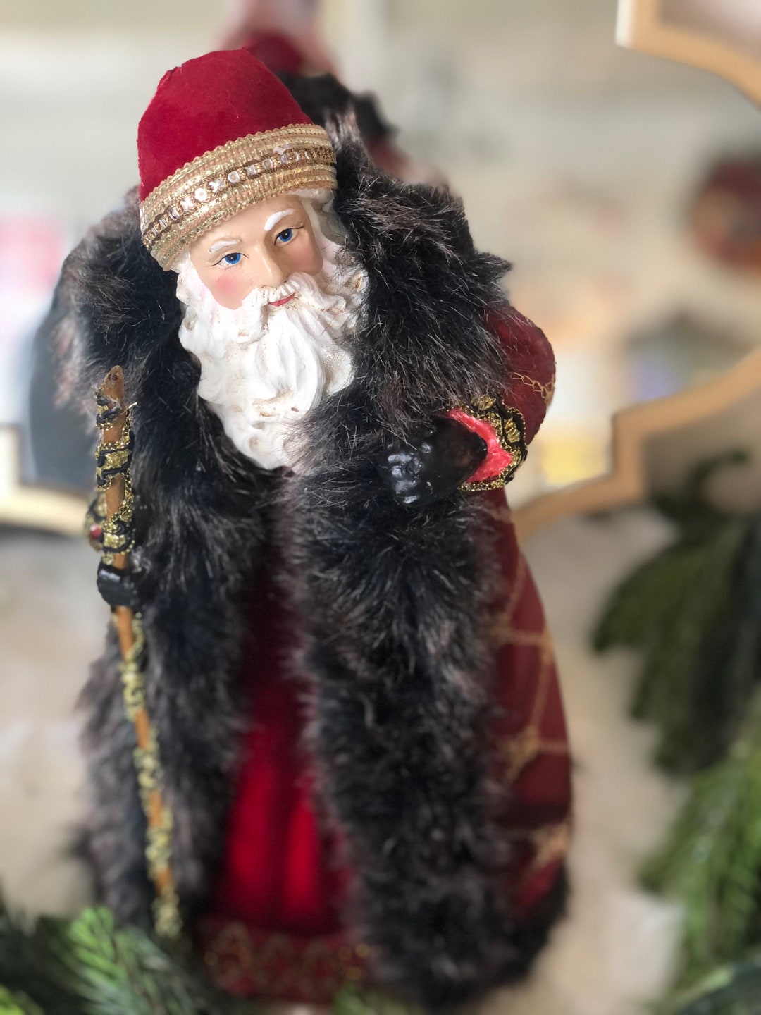 Resin Santa With Long Burgundy Coat Trimmed in Dark Brown Faux Fur ...