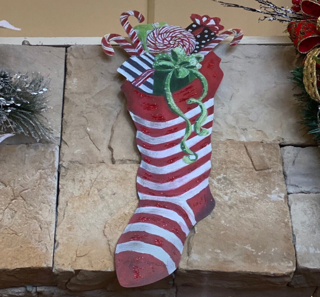 Red and White Stripe Christmas Stocking of Treats Metal Stake - Etsy