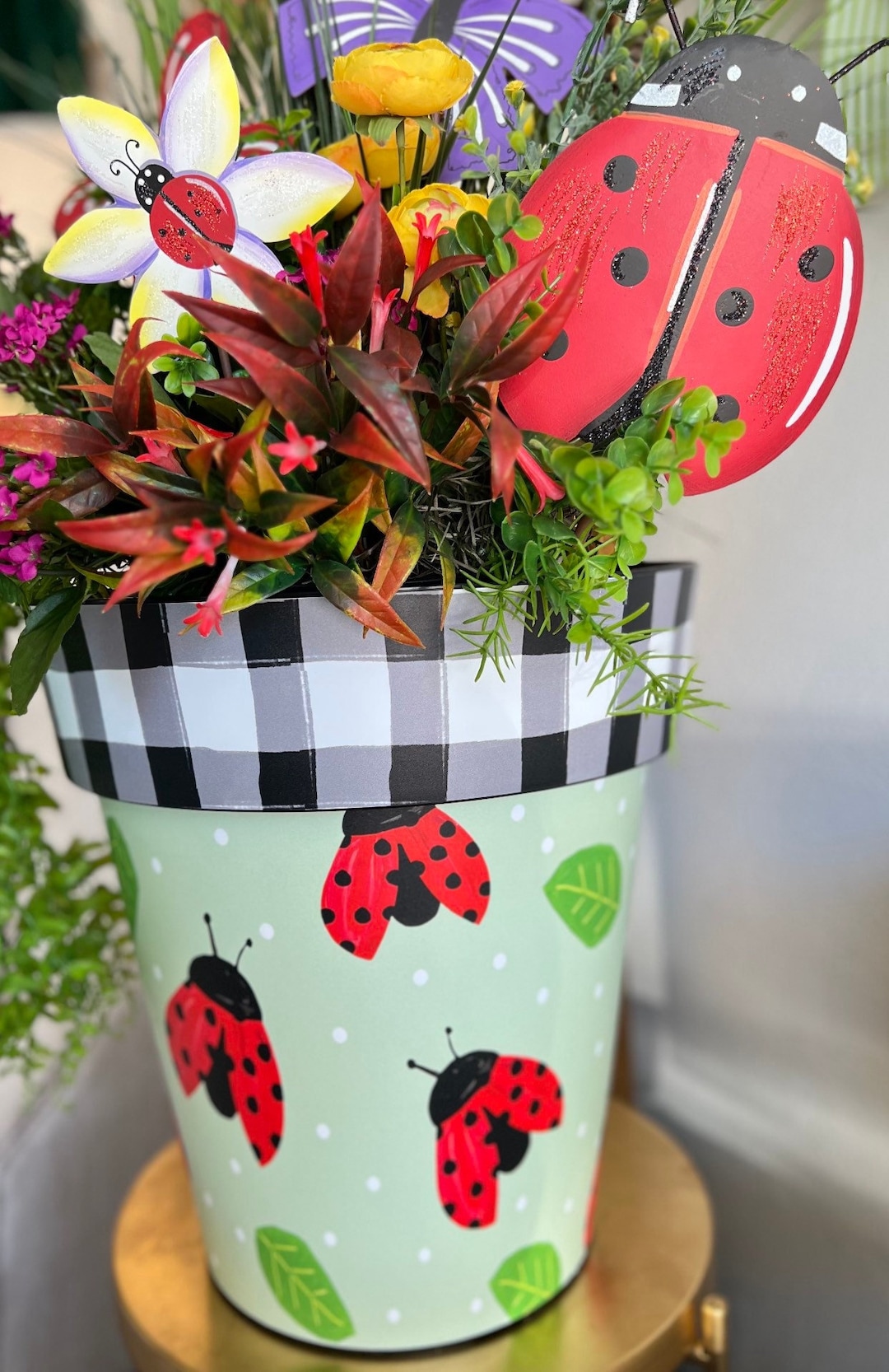 Lady Bugs White and Black Checks 15 Art Planter Lady Bug Pot - Etsy