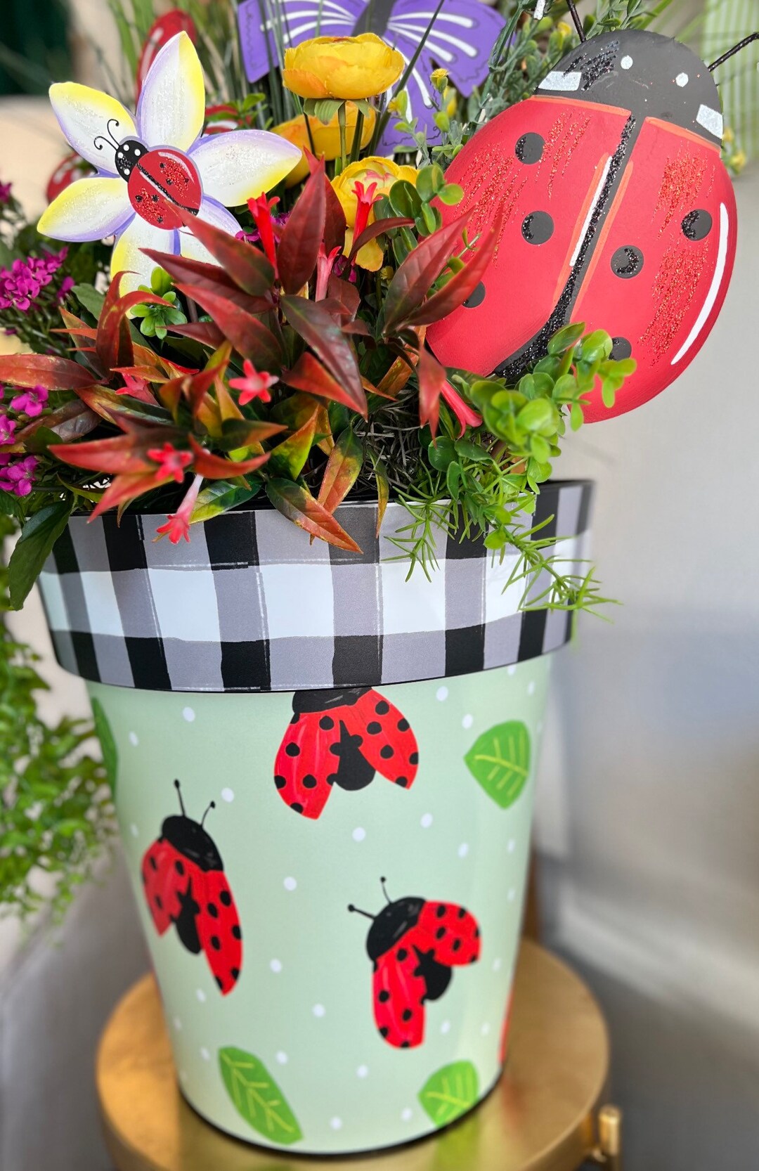 Lady Bugs White and Black Checks 15 Art Planter Lady Bug Pot - Etsy