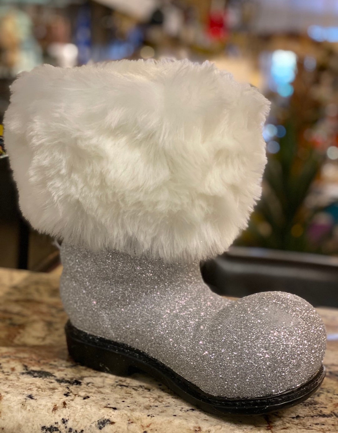 Glam Silver Glittered Santa Boot With White Faux Fur Open Container ...
