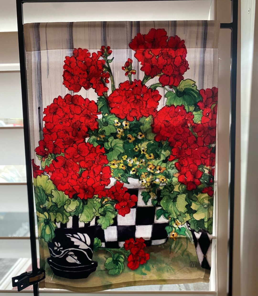 Red Geraniums Outdoor Flag With Black and White Check Pot - Etsy