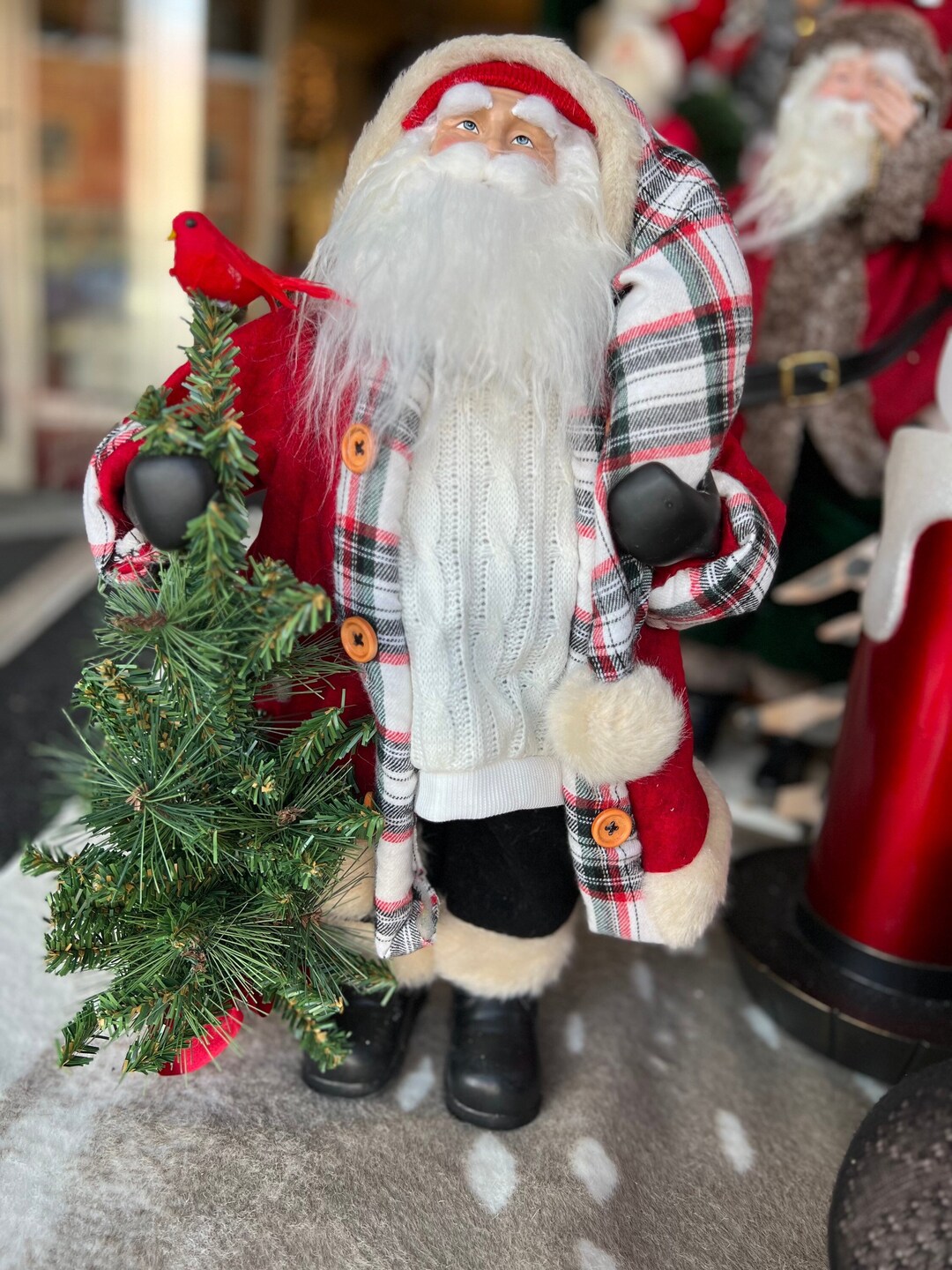 Classic Plaid Santa Claus With Christmas Tree and Red Cardinal on Arm ...