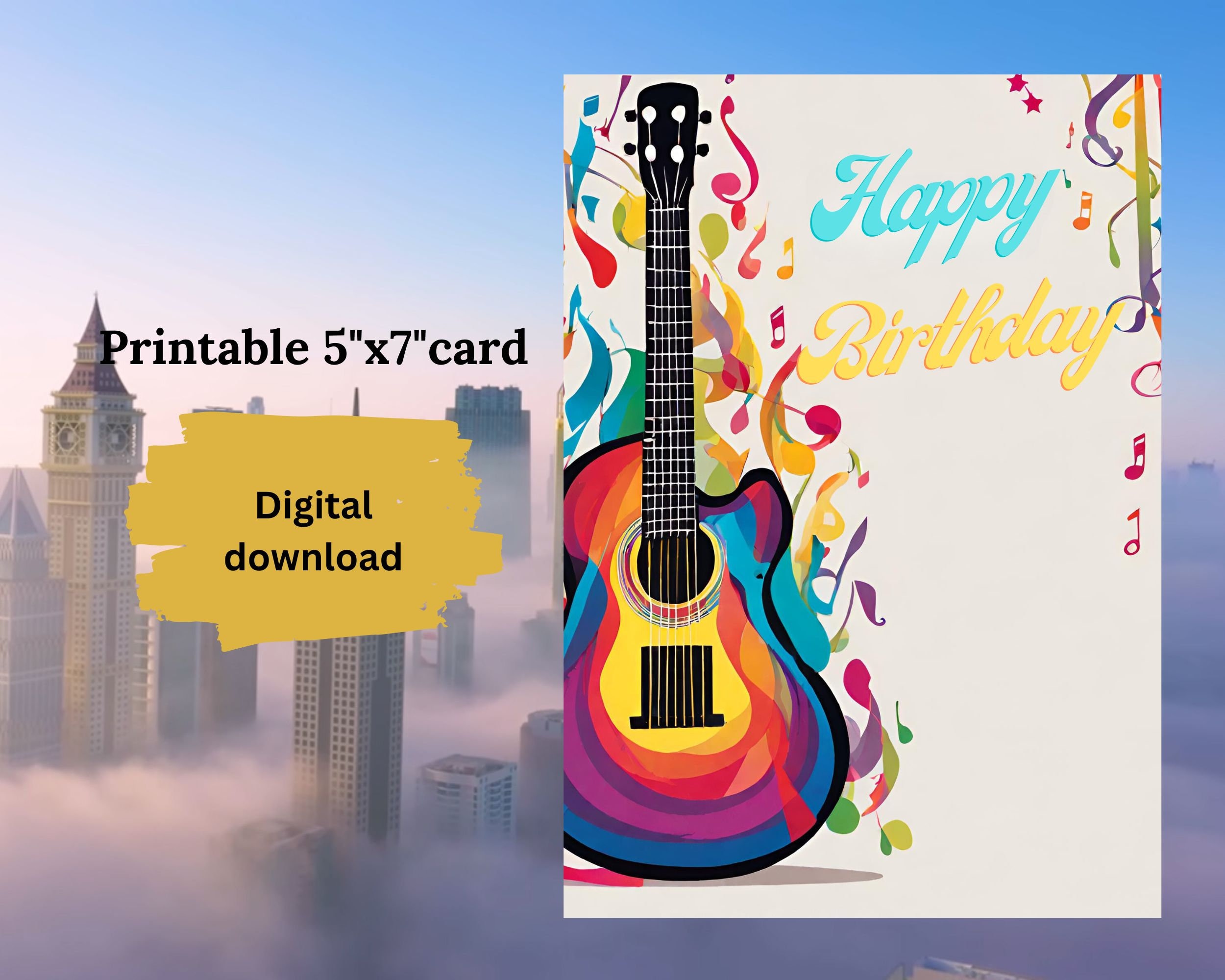 Printable 5x7 Guitar Themed Birthday Card,guitar Birthday Card,guitar ...