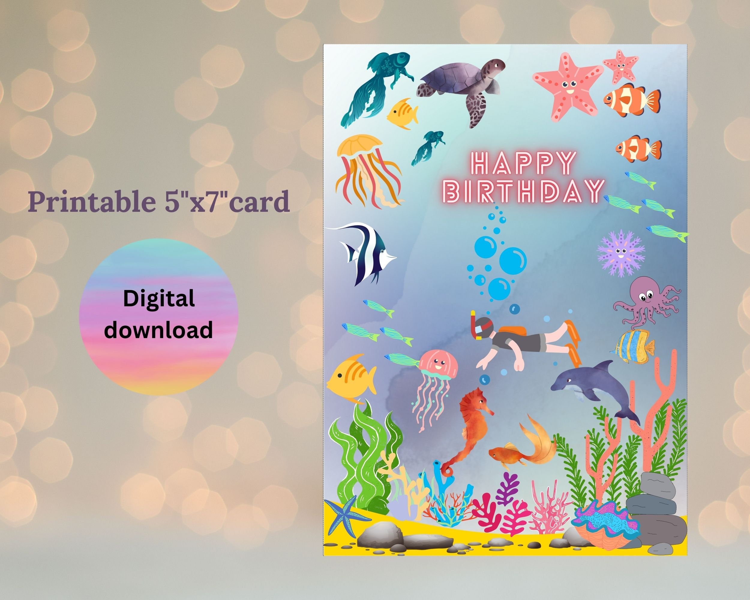 Printable 5x7under the Sea Themed Birthday Card Template, Underwater ...