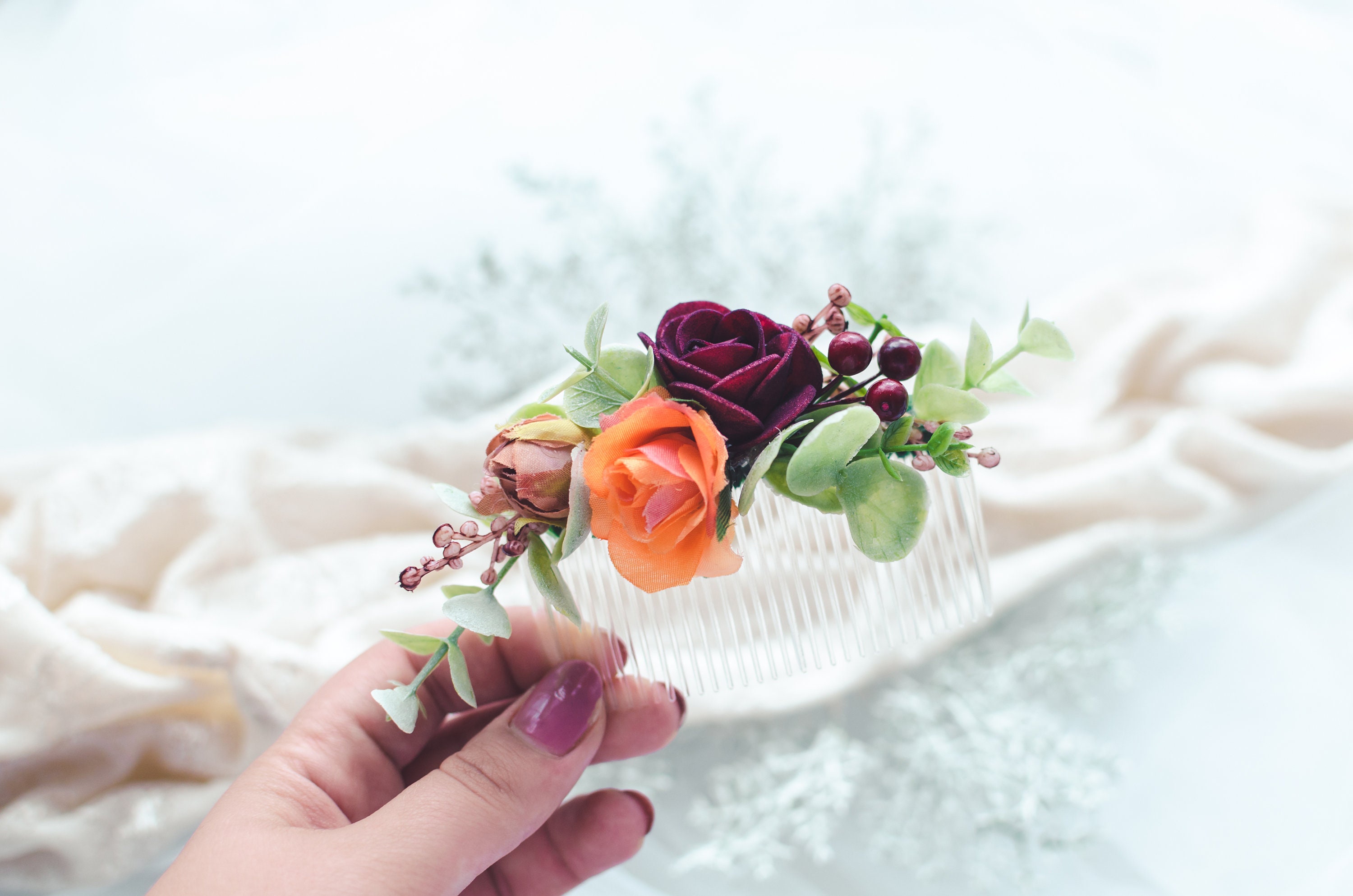 Autumn Wedding Hair Accessories, Fall Hair Piece Burgundy Orange Hair ...