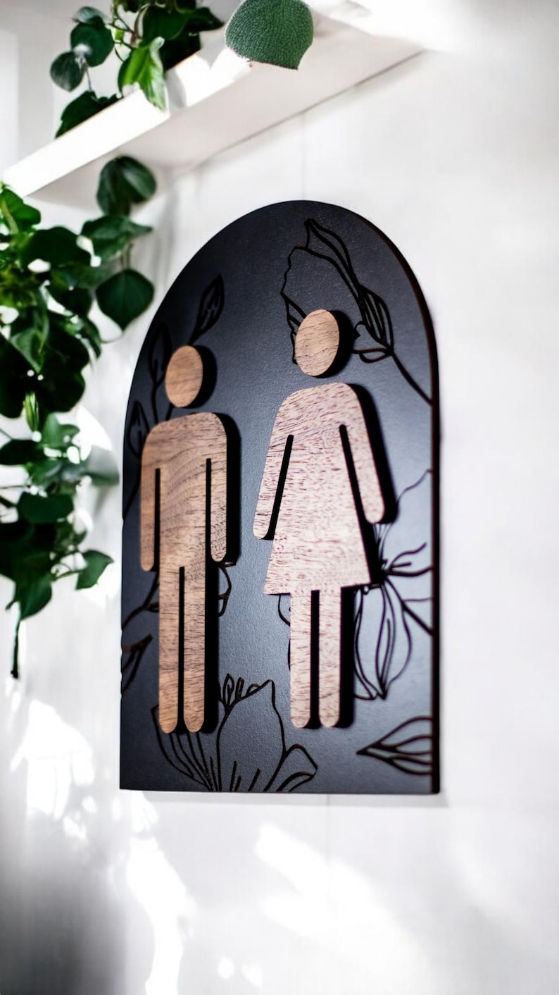 Modern Arch Floral Engraved Restroom Sign Luxury Spa Decor Modern ...