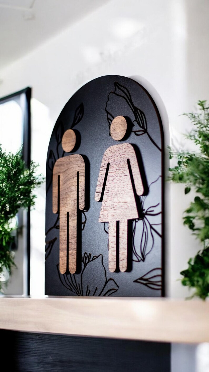 Modern Arch Floral Engraved Restroom Sign Luxury Spa Decor Modern ...