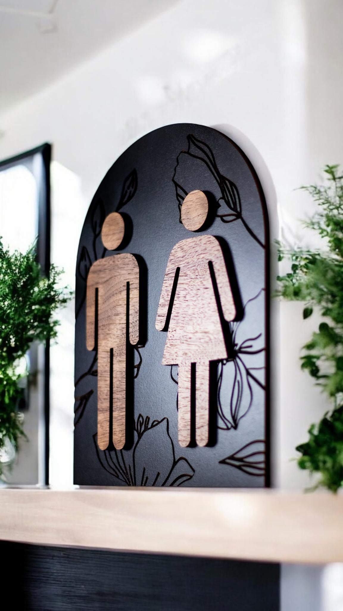 Modern Arch Floral Engraved Restroom Sign Luxury Spa Decor Modern ...