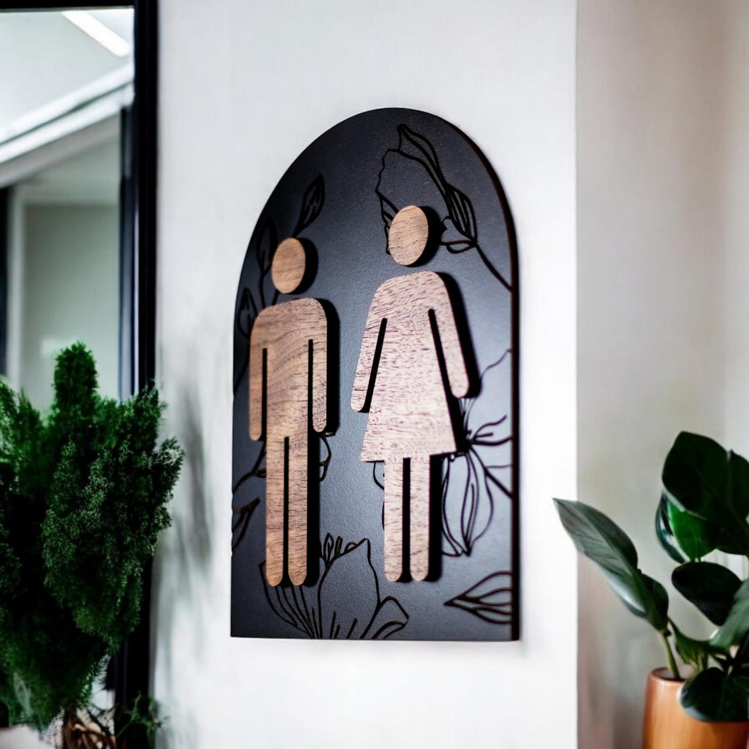 Modern Arch Floral Engraved Restroom Sign Luxury Spa Decor Modern ...