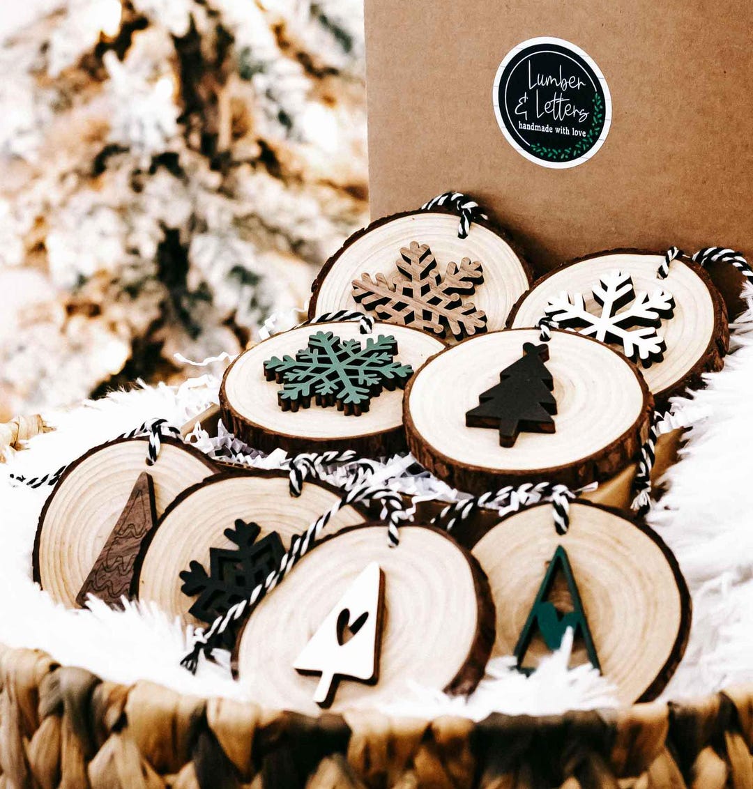 Set of 8 Wood Slice Ornaments With Snowflakes and Christmas Trees ...