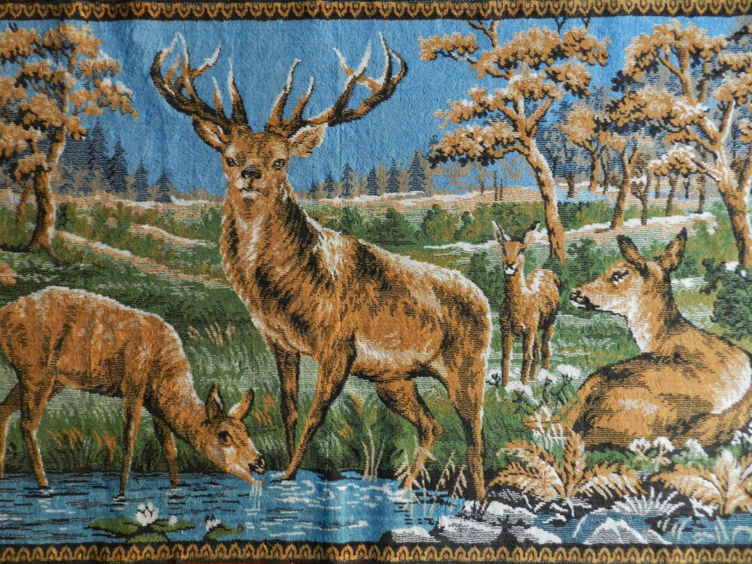 Vintage Deer Tapestry / Velvet Wall Hanging With Doe and Buck Deer in ...