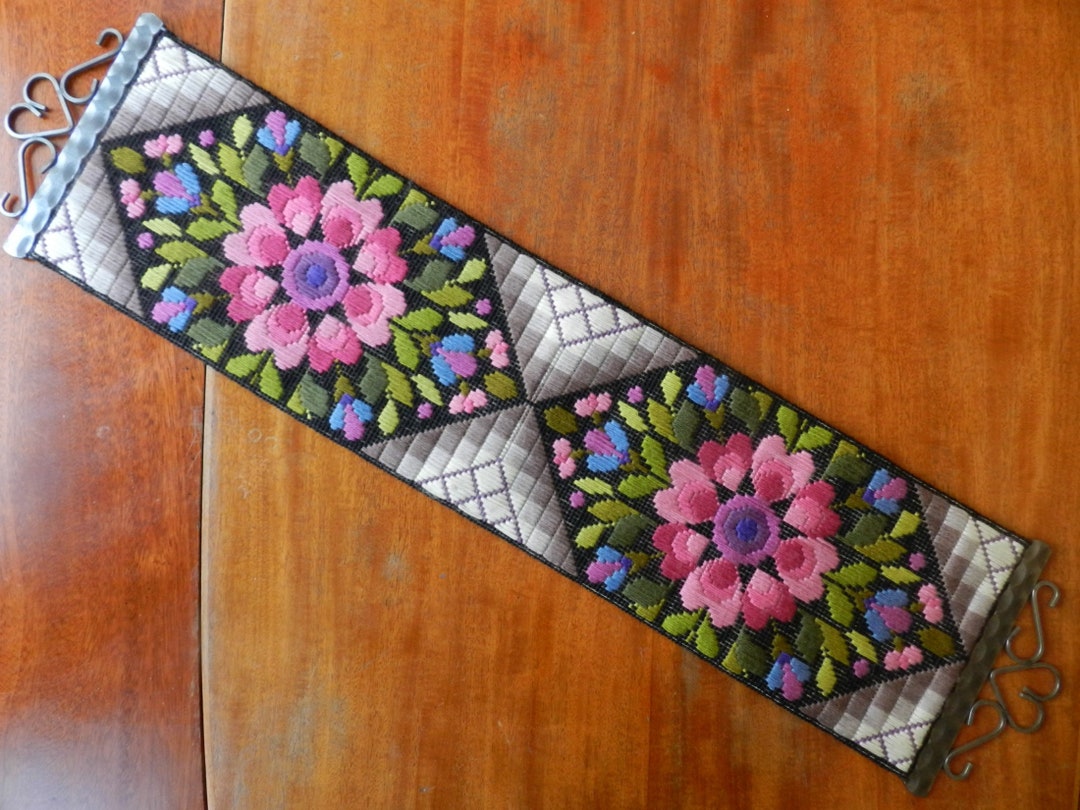 Vintage Bell Pull With Pink Flowers / Handmade Wool Embroidery With ...