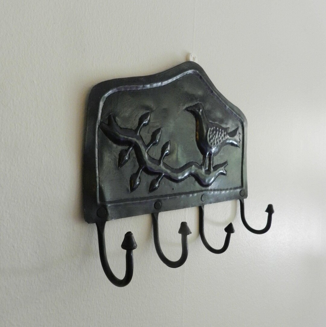 Vintage Metal Wall Hook With Embossed Bird on Branch / Black Forged ...