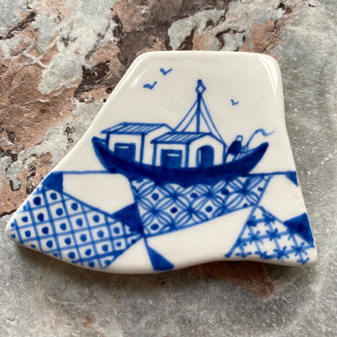 Reducedhandmade Pottery Shard, Hand Painted, Willow Pattern, Blue ...