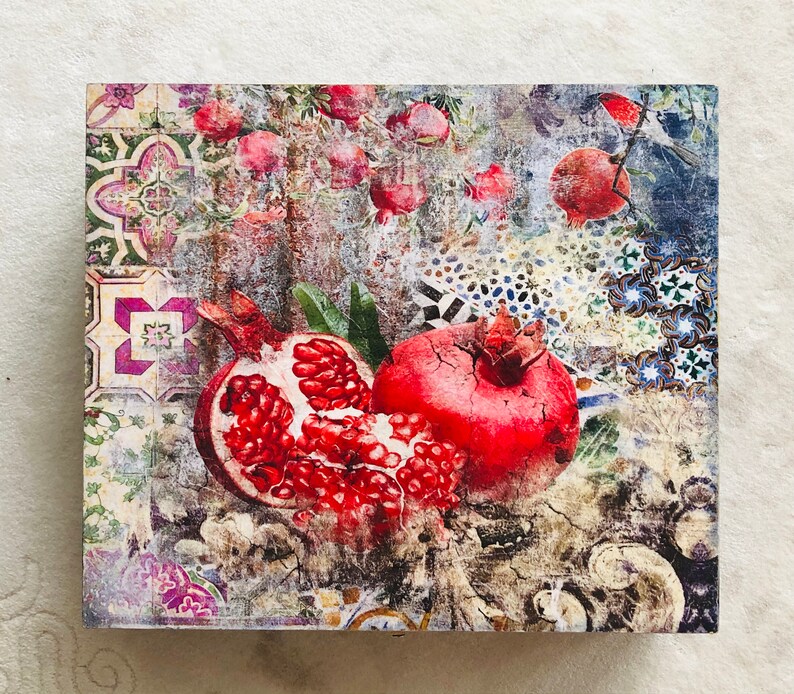 Large Tea Box Red Pomegranates, Wood Gift Box, Accesory Holder, Storage ...