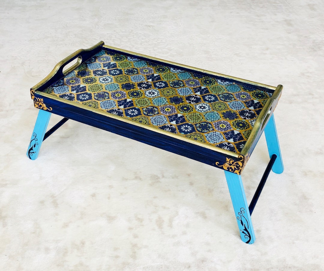 Blue Coffee Table Tray Folding Breakfast Table Breakfast - Etsy
