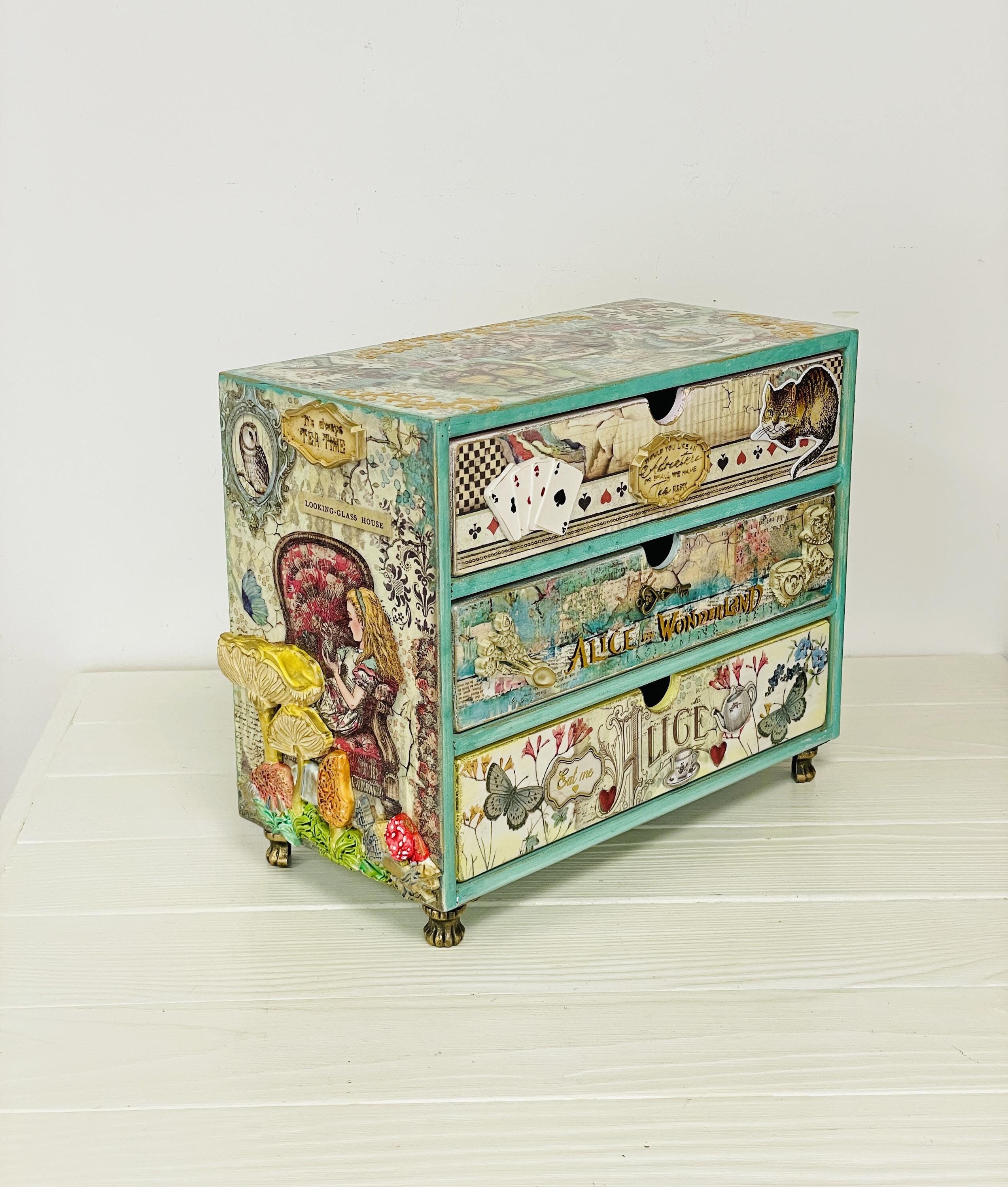 Alice in Wonderland Mini Chest of Drawers, Hand-decorated Jewelry Chest ...