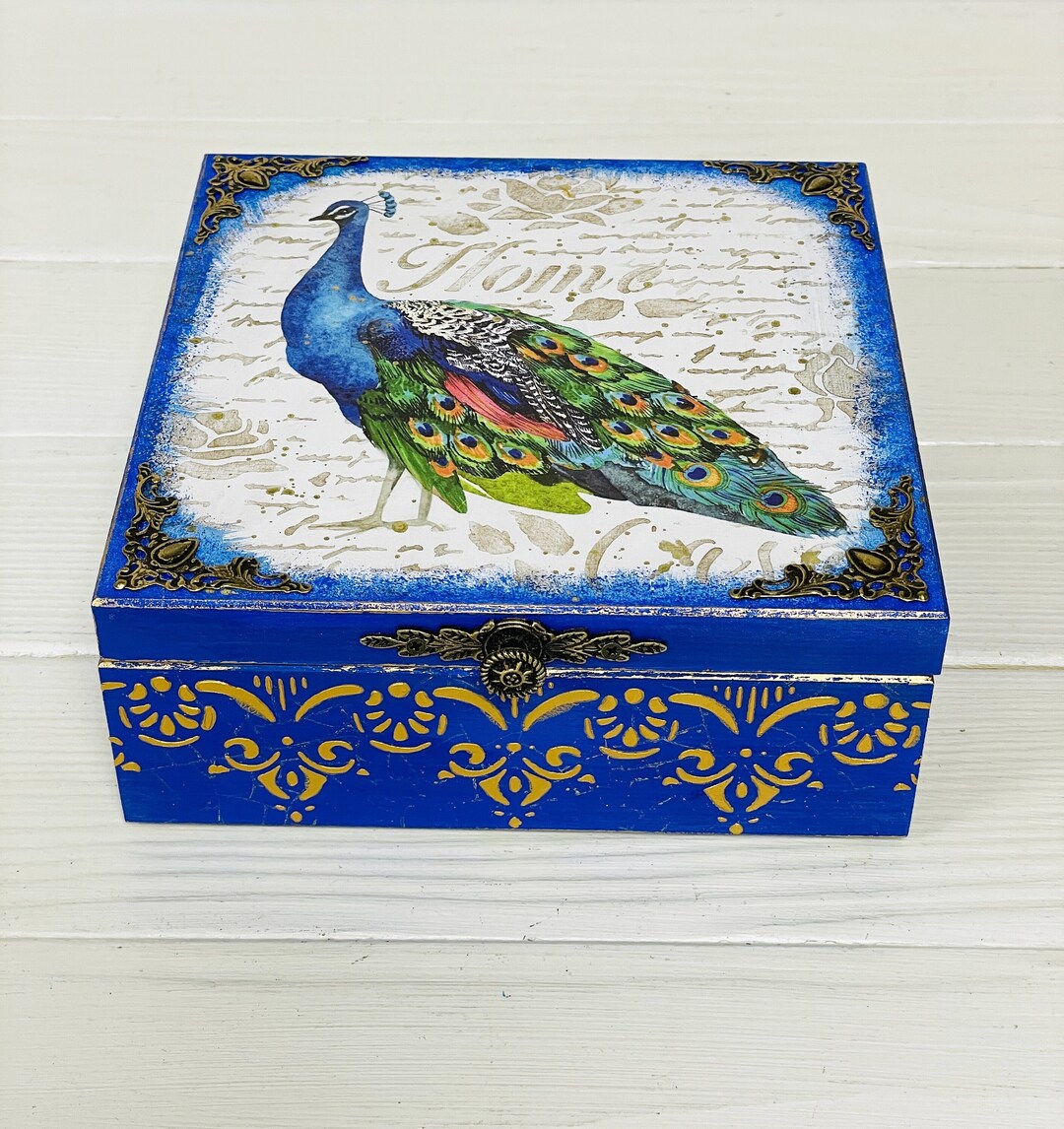 Blue Gold Peacock Box, Custom Box, Accessory Holder, Storage Box ...