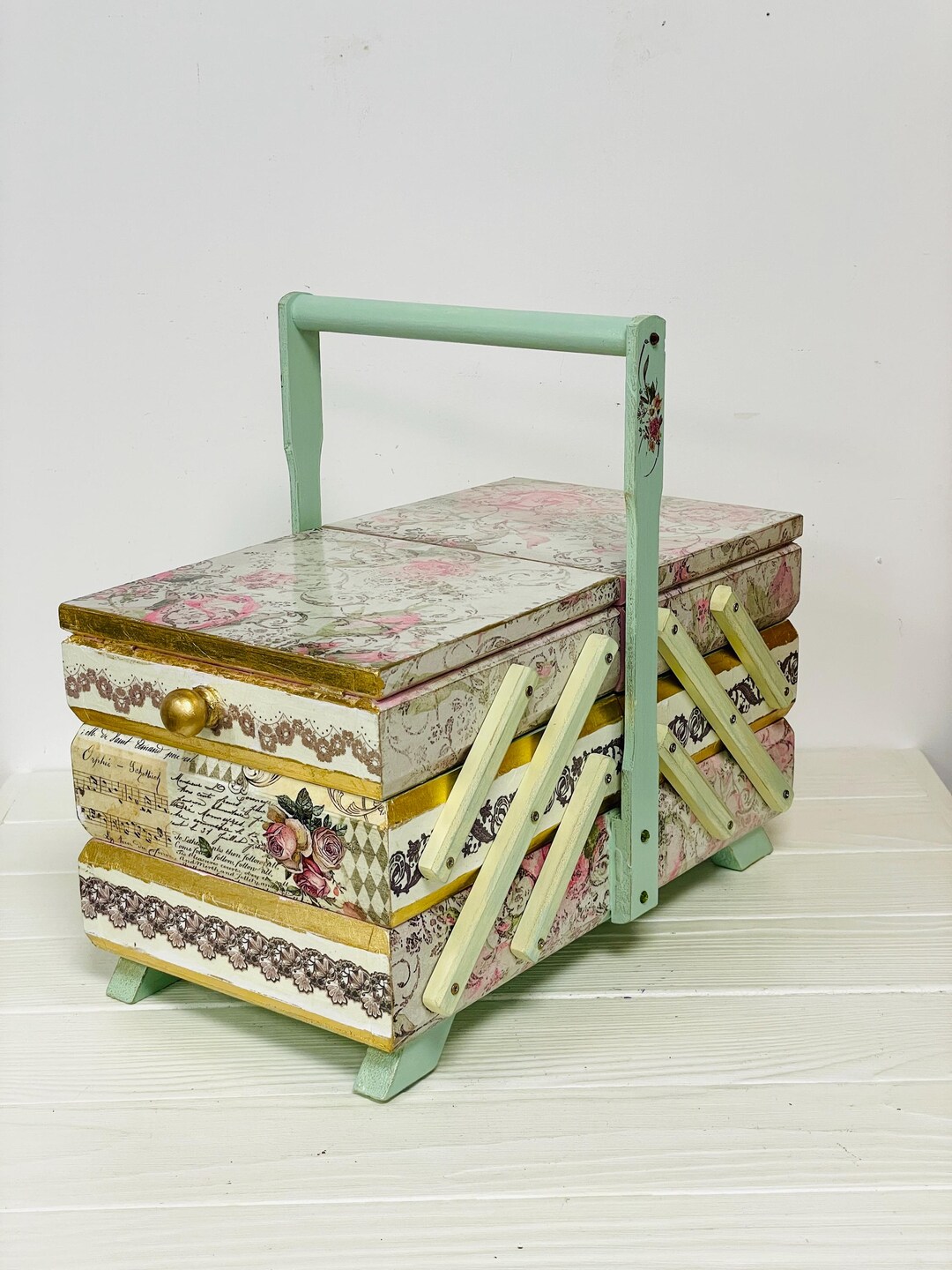 Shabby Chic Decoupage Sewing Box, Vintage Rose Organizer, Handcrafted ...