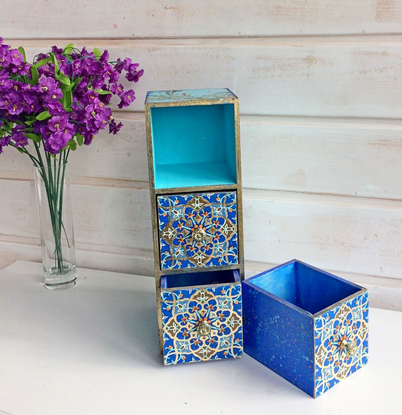 Blue Mini chest of 3 drawers Blue box Jewelry box Vanity | Etsy