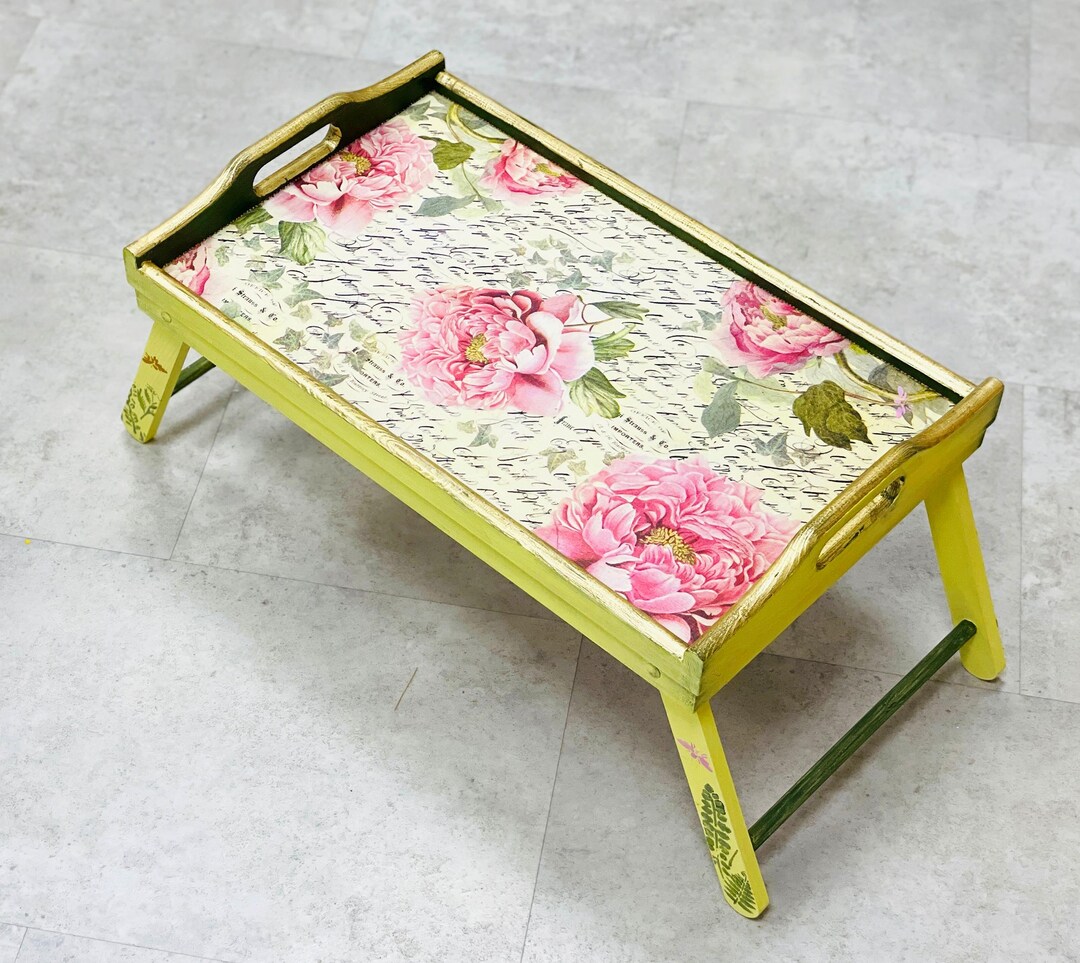 Yellow Folding Table Tray Peonies, Custom Table, Breakfast Table With ...
