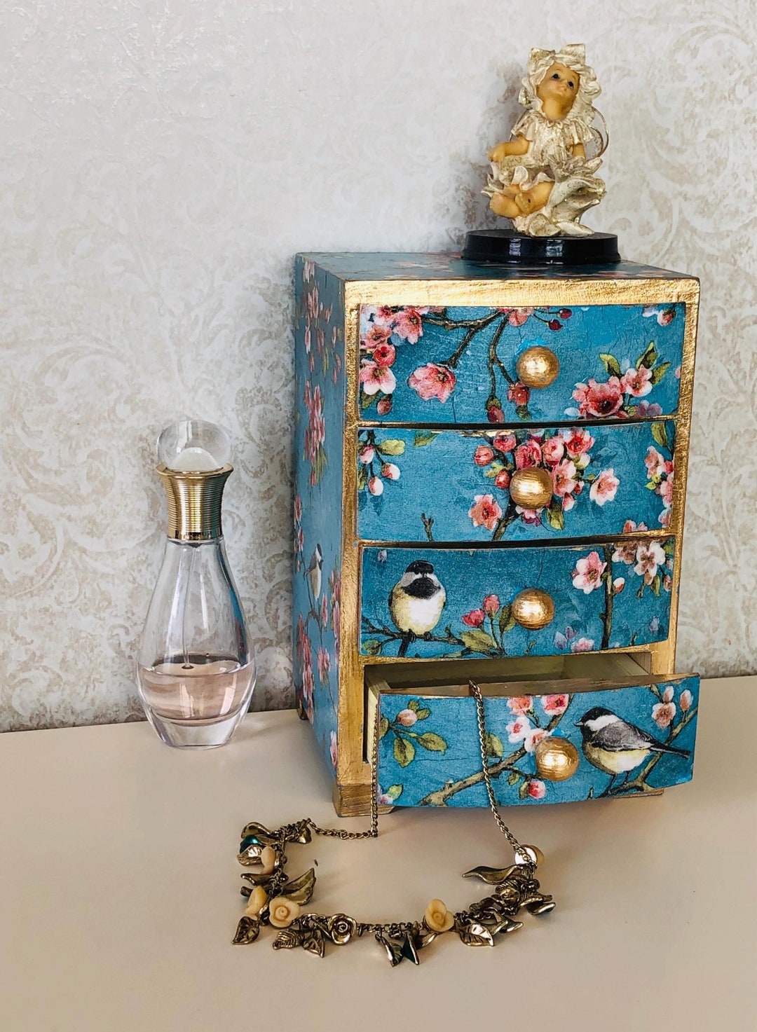 Blue Mini Chest of 3 or 4 Drawers, Trinket Drawers, Jewelry Box ...