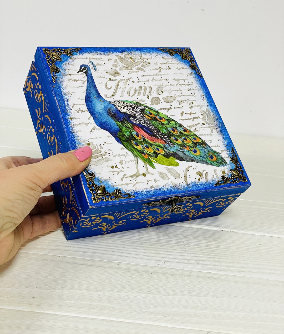 Blue Gold Peacock Box, Custom Box, Accessory Holder, Storage Box ...