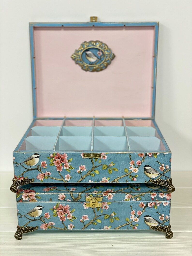 Storage Box Chinoiserie Birds, Large Blue Box, 12-compartment Tea Box ...