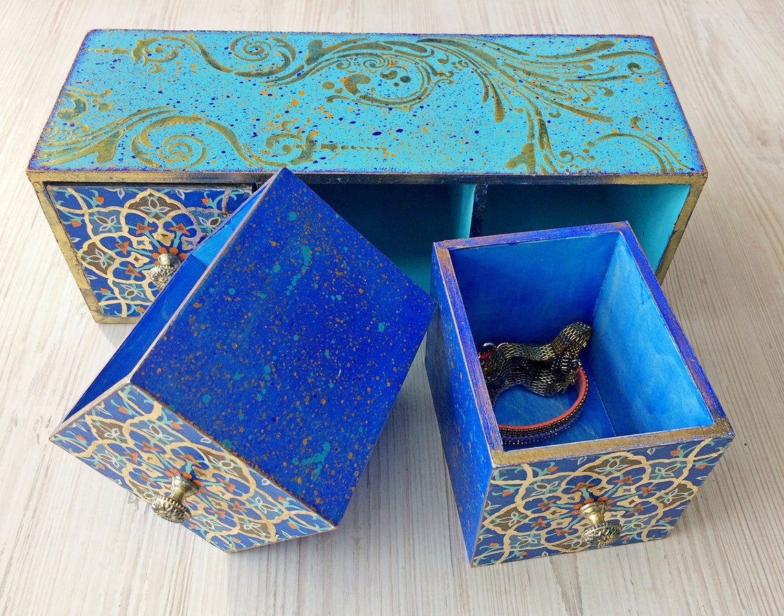 Blue Mini Chest of 3 Drawers Blue Box Jewelry Box Vanity - Etsy