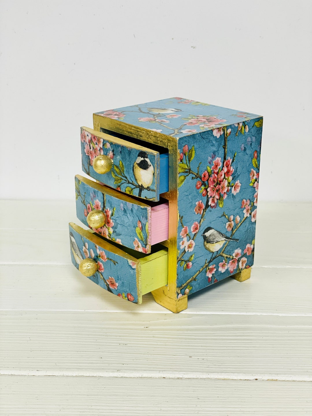 Small Blue Mini Chest of Dravers, Box Cherry Blossom, Trinket Drawers ...