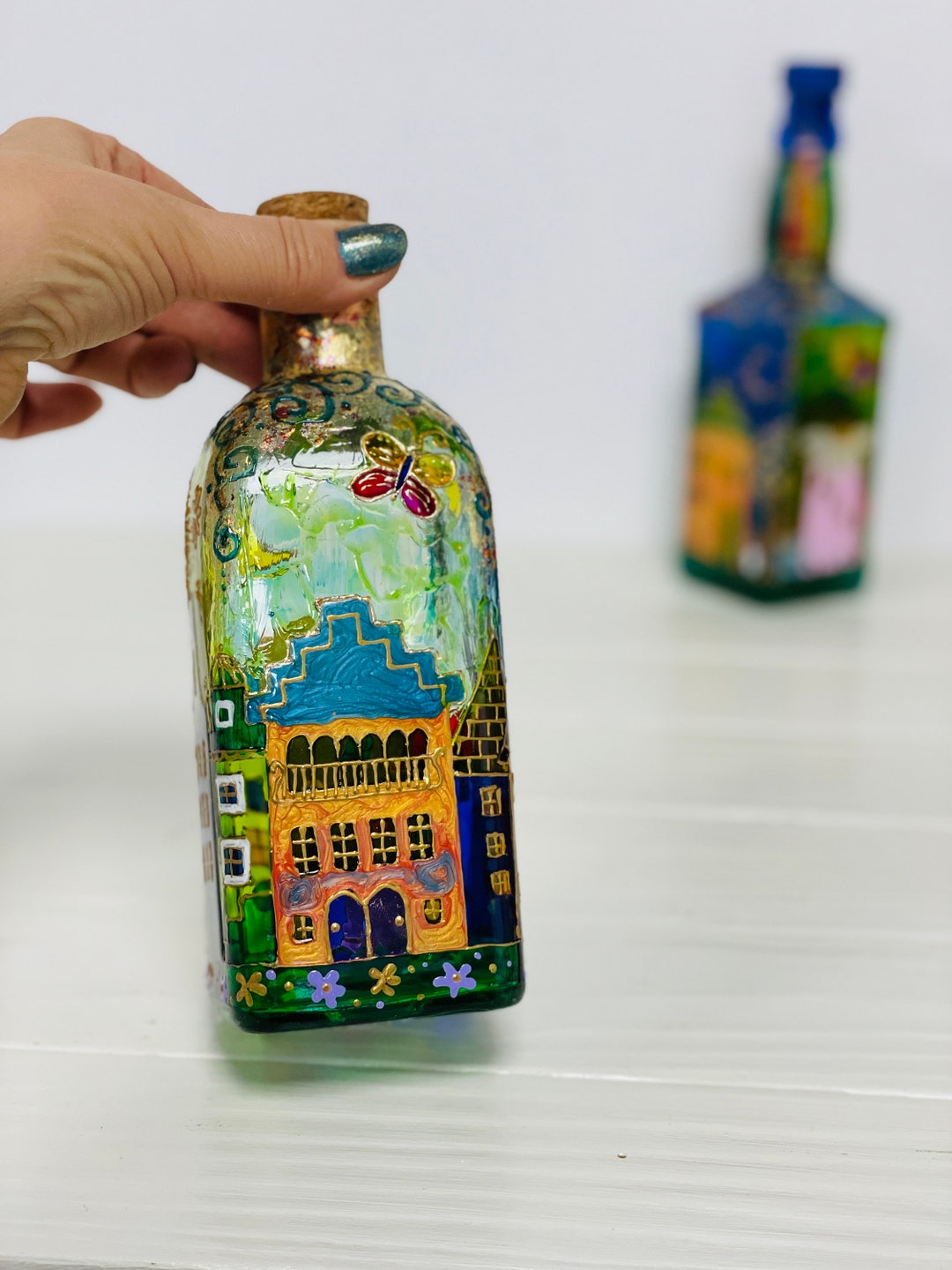 Stained Glass Bottle, Ready to Ship, Colored Glass, Hand Painted Bottle ...