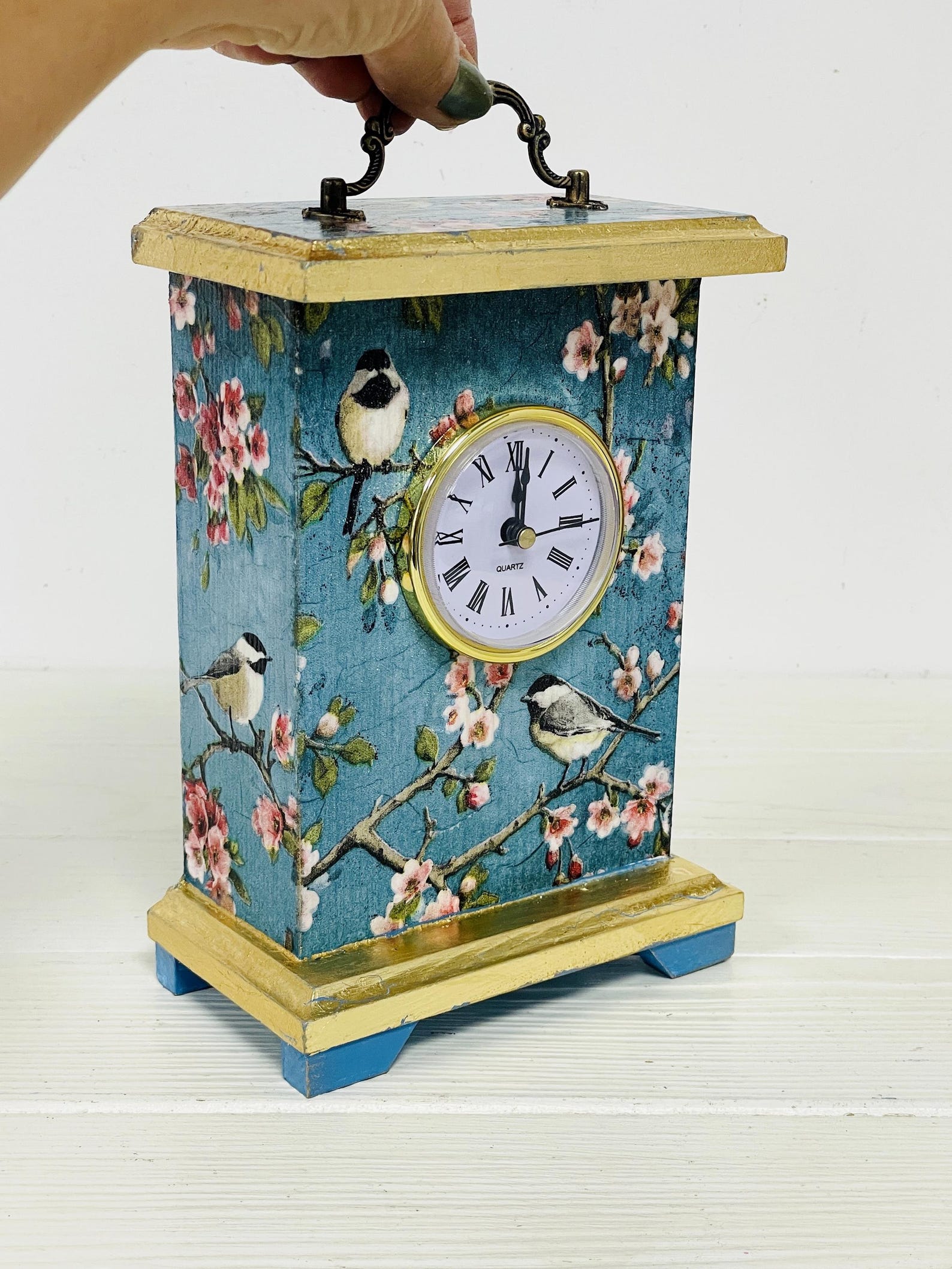 Blue Mantel Clock Chinoiserie Birds, Table Clock, Carriage Clock ...