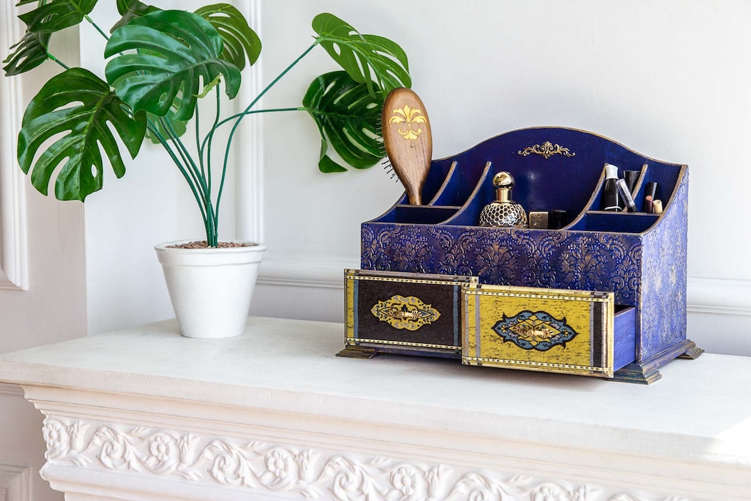Dark Blue Organizer for Vanity Table, Makeup Storage Chest, Desktop ...