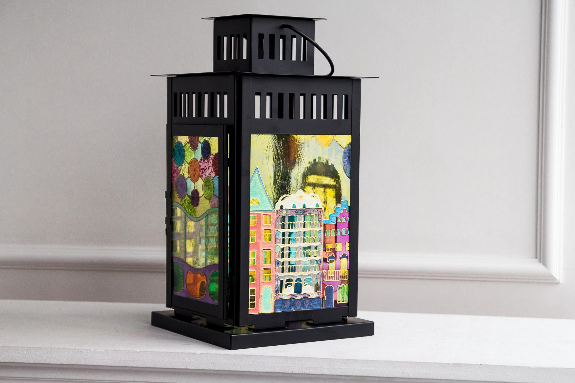 Large Metal Stained Glass Lantern Candleholder Front porch | Etsy