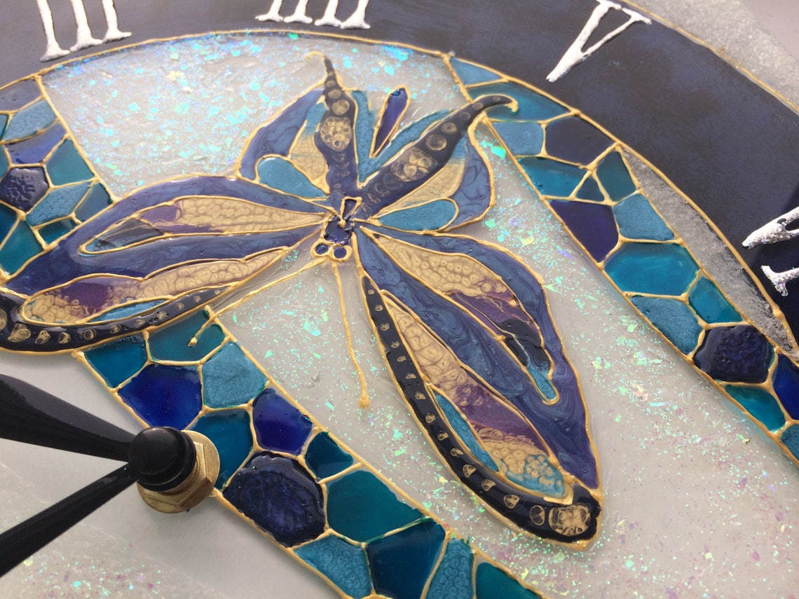 Stained glass wall clock Blue Butterflies Unique wall clock | Etsy