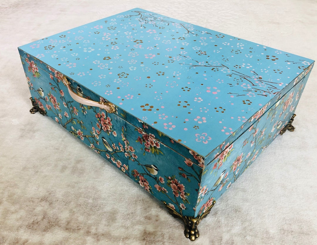 Large Blue Tea Box, Wooden Box, Accesory Holder, Storage Box ...