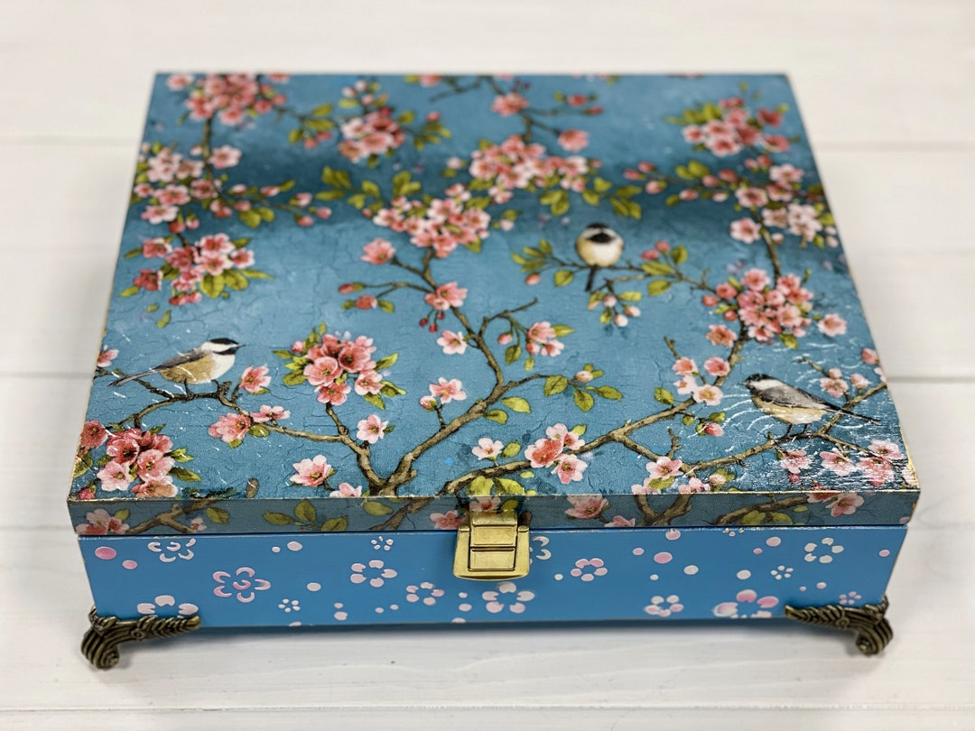 Large Blue Box, Tea Box Chinoiserie Birds, 12-compartment Tea Box ...