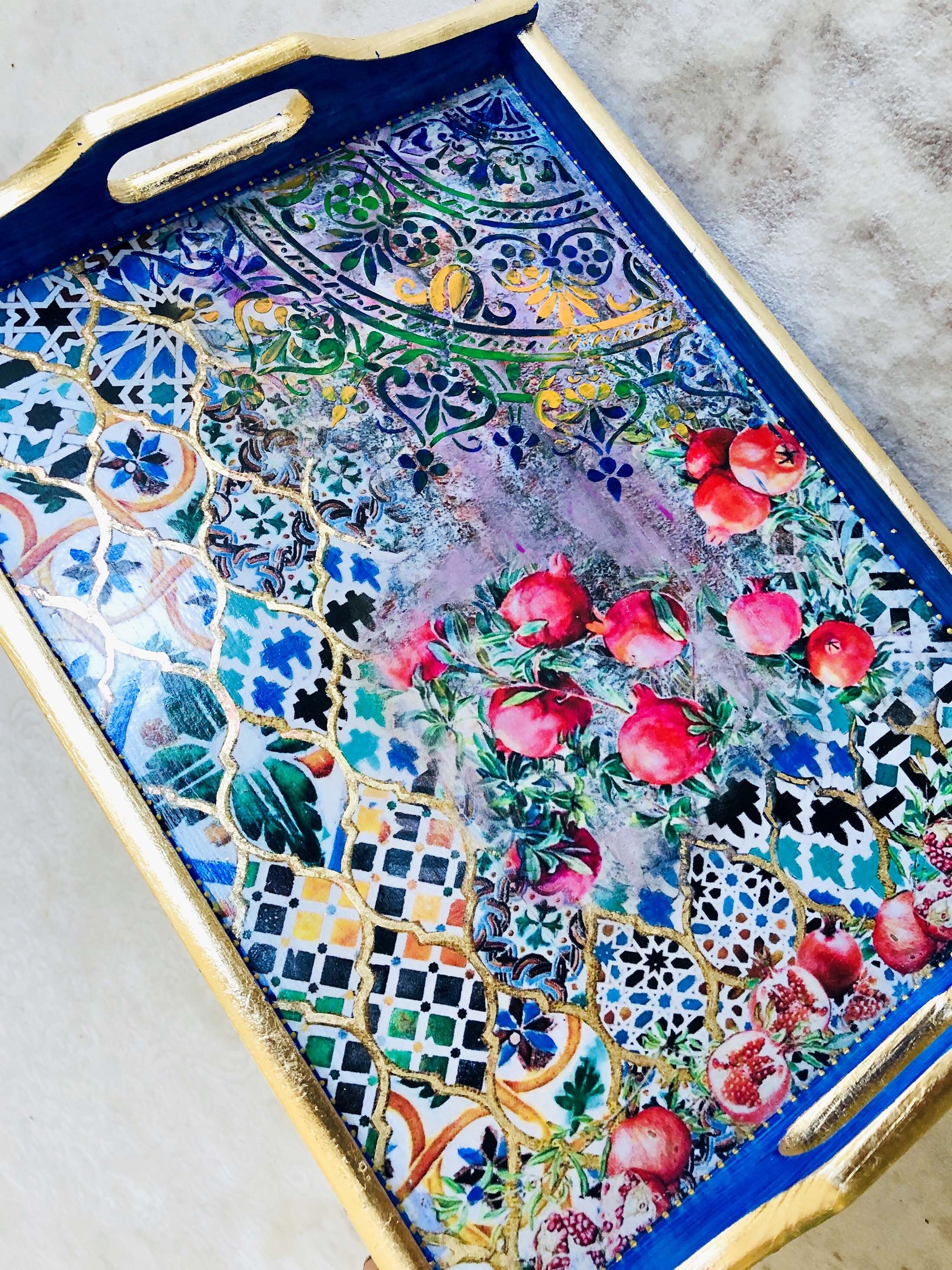 Blue Tray Pomegranates Tray With Handles Breakfast Tray With - Etsy