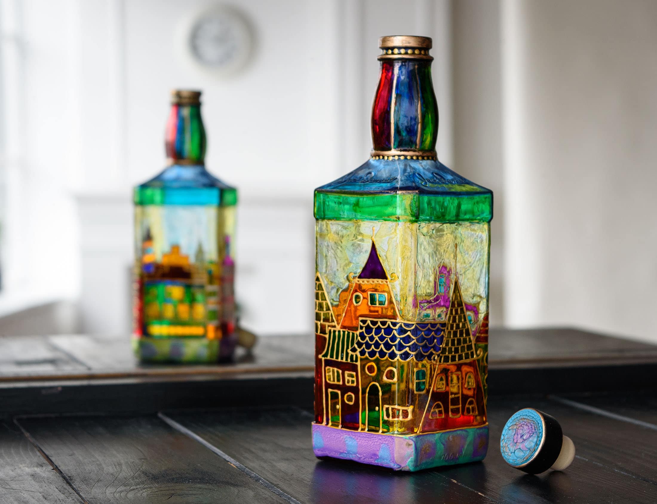 Hand Painted Stained Glass Whiskey Bottle, Original Artwork, Display ...
