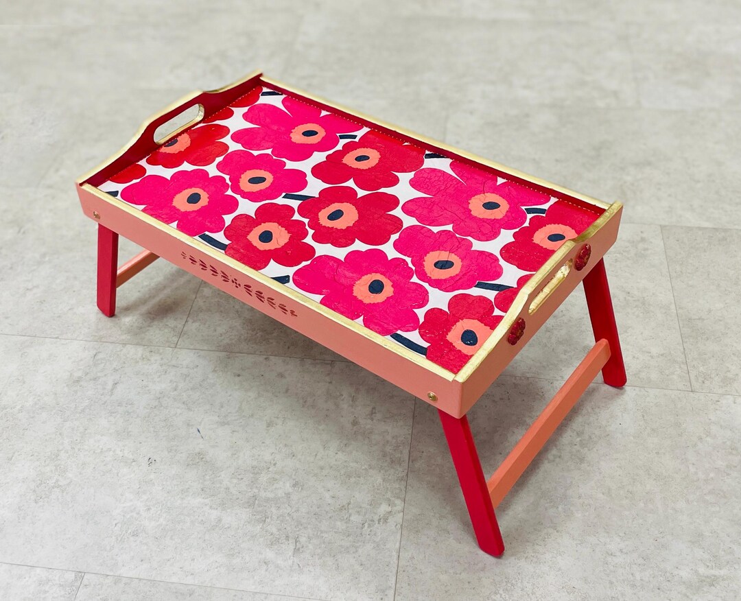 Red Floral Design Table, Ready to Ship, Folding Table Tray, Breakfast ...